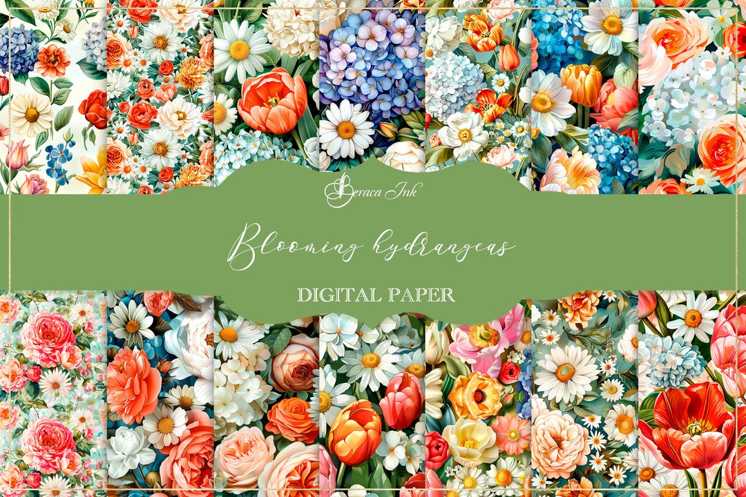 Blooming Hydrangeas Digital Paper, Seamless Pattern Spring Flowers ...