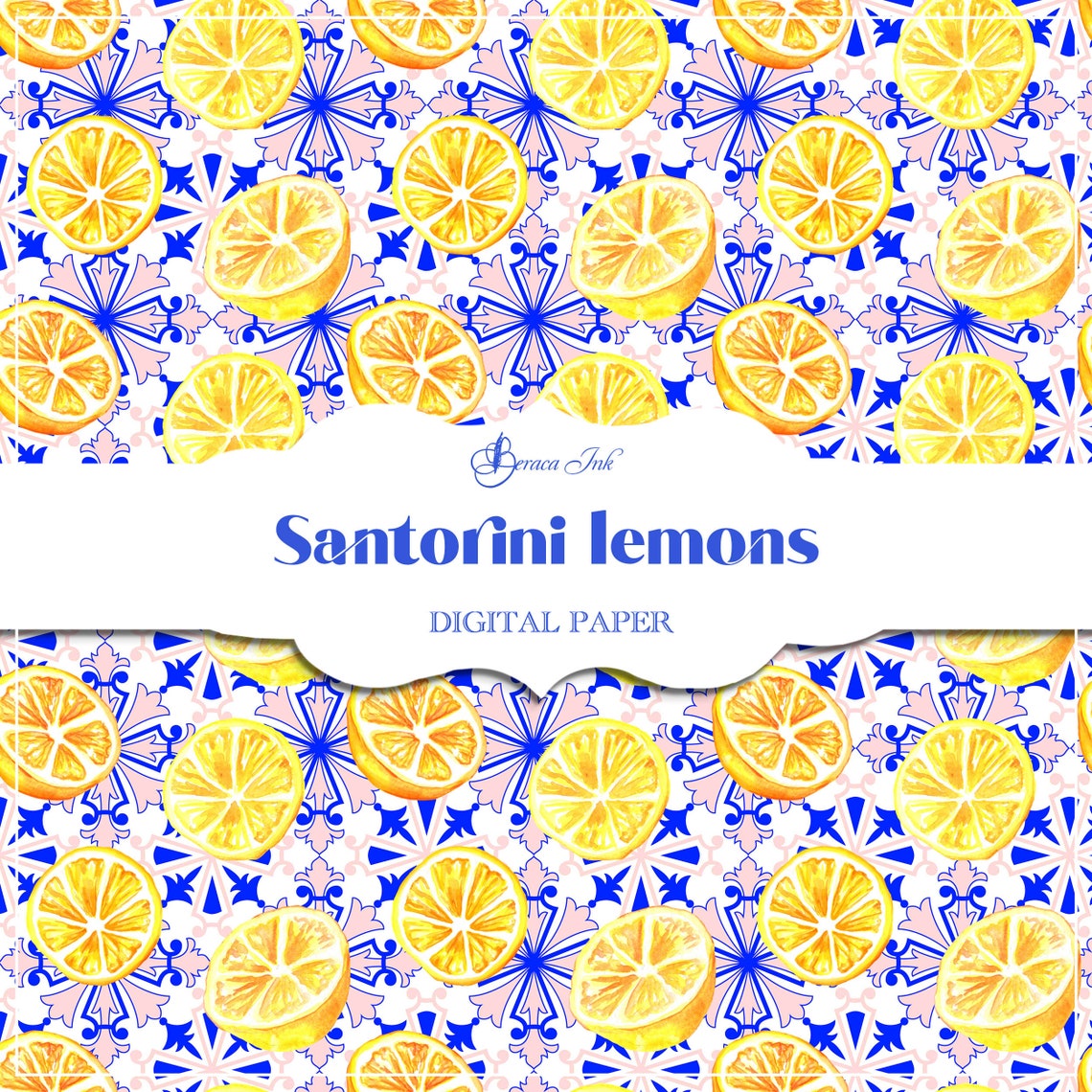 Santorini Lemon Digital Paper Seamless Pattern Citrus Paper - Etsy