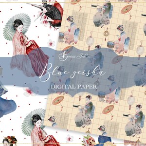 Blue Geisha Digital Paper, Seamless Pattern, Repeat Chinoiserie Paper ...