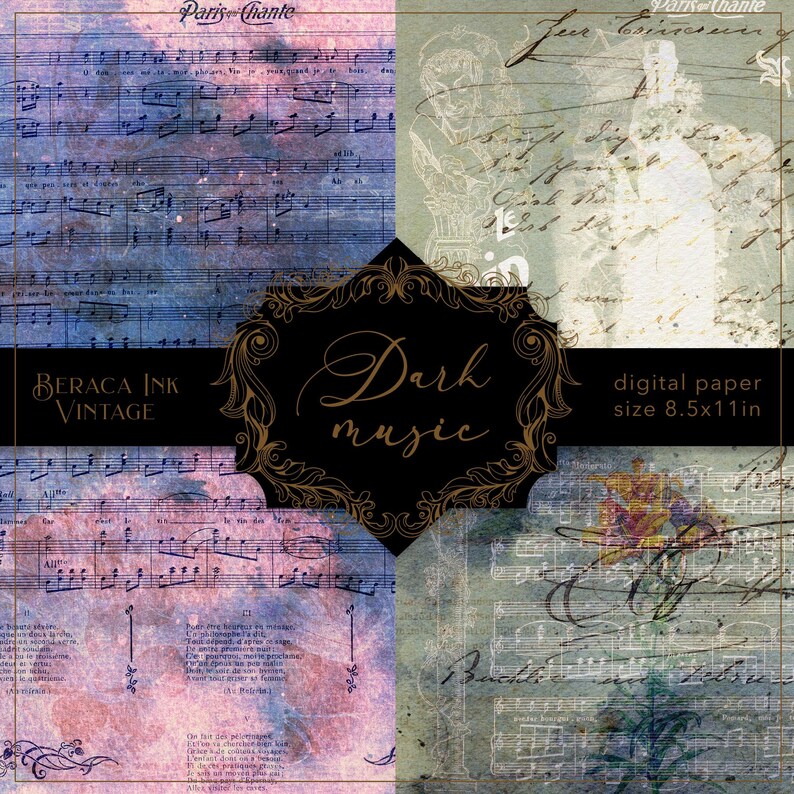 Dark Music Digital Paper, LETTER SIZE Scrapbook, Vintage Music Sheet ...