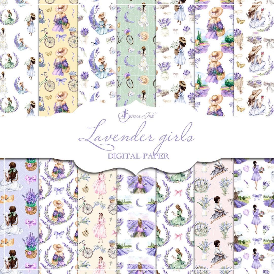 Lavender Girls Digital Paper, Seamless Pattern, Lavender Backdrop ...