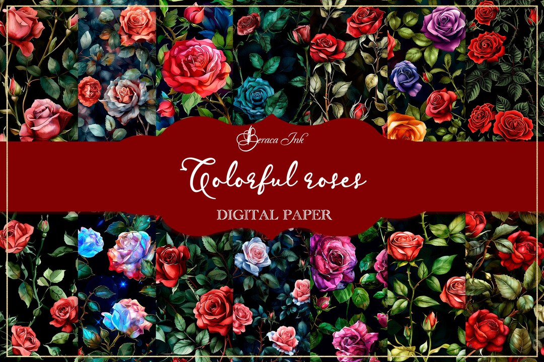 Colorful Roses Digital Paper Red Rose Scrapbook Flower Paper Watercolor ...