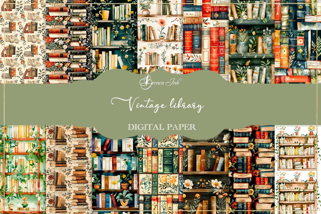 Vintage Library Digital Paper, Seamless Pattern Book, Wrapping Paper ...