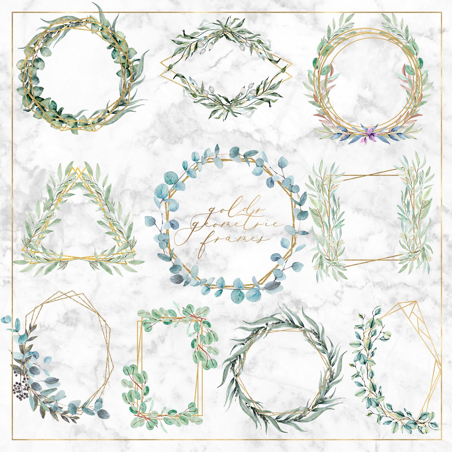 30 Eucalyptus Geometric Frames Clipart Watercolor Eucalyptus | Etsy