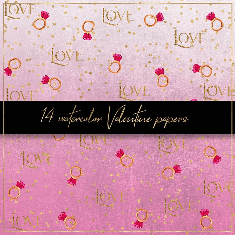 Valentines Day Watercolor Digital Paper Valentine Card Gold - Etsy