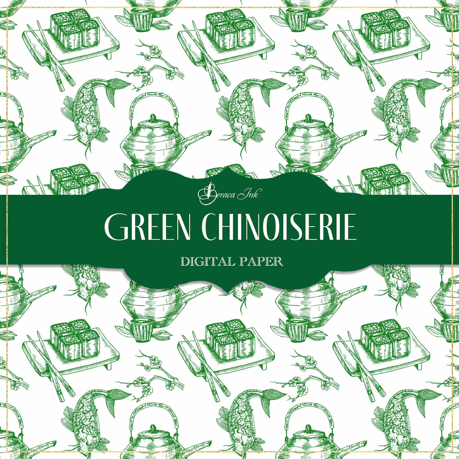 Green Chinoiserie Digital Paper Seamless Pattern Toile | Etsy