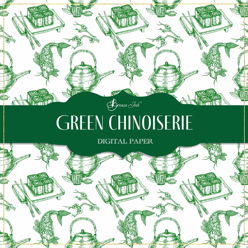 Green Chinoiserie Digital Paper, Seamless Pattern, Toile Wallpaper ...