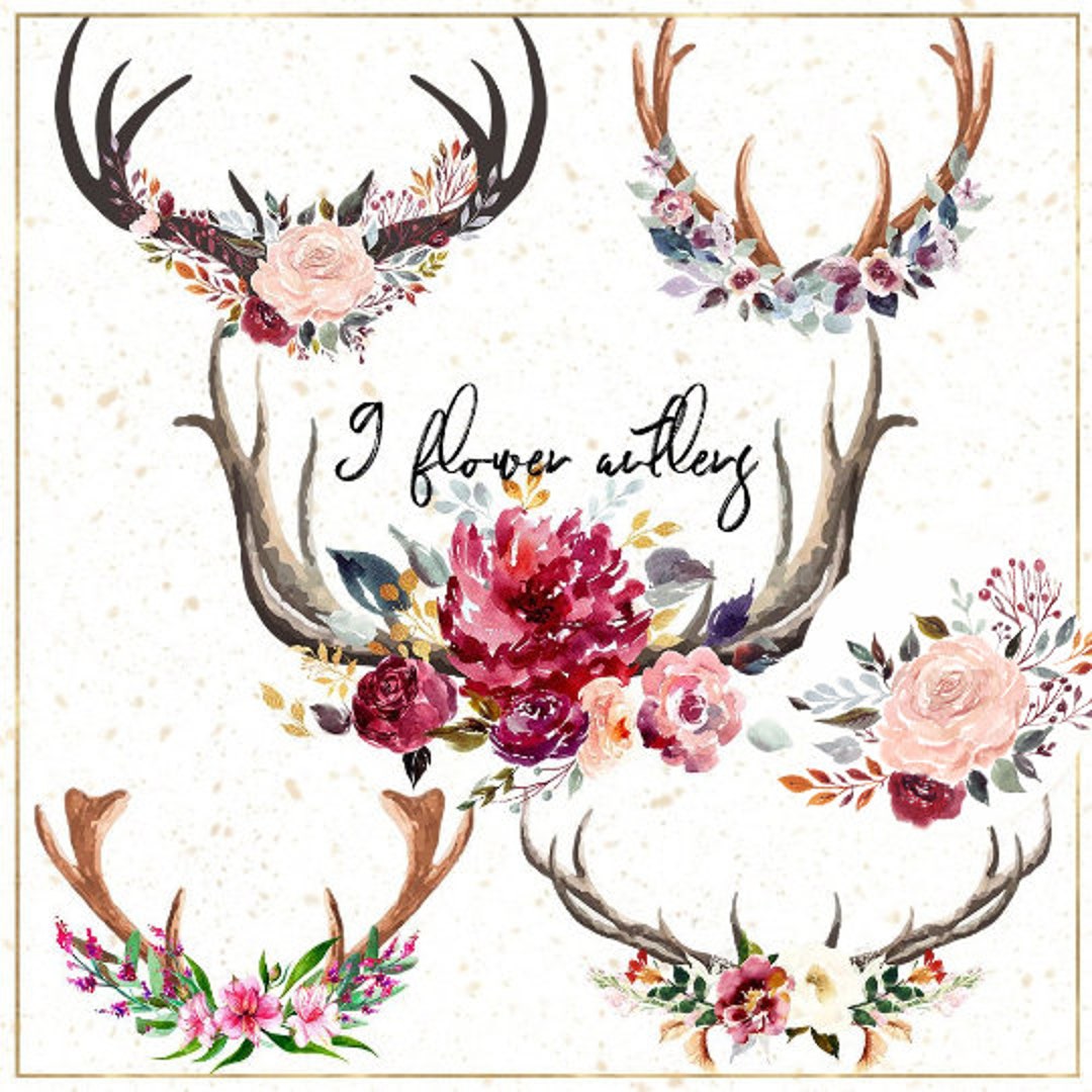 Flower Antlers Clipart, Rustic Deer Antlers, Silhouette Antlers Deer ...