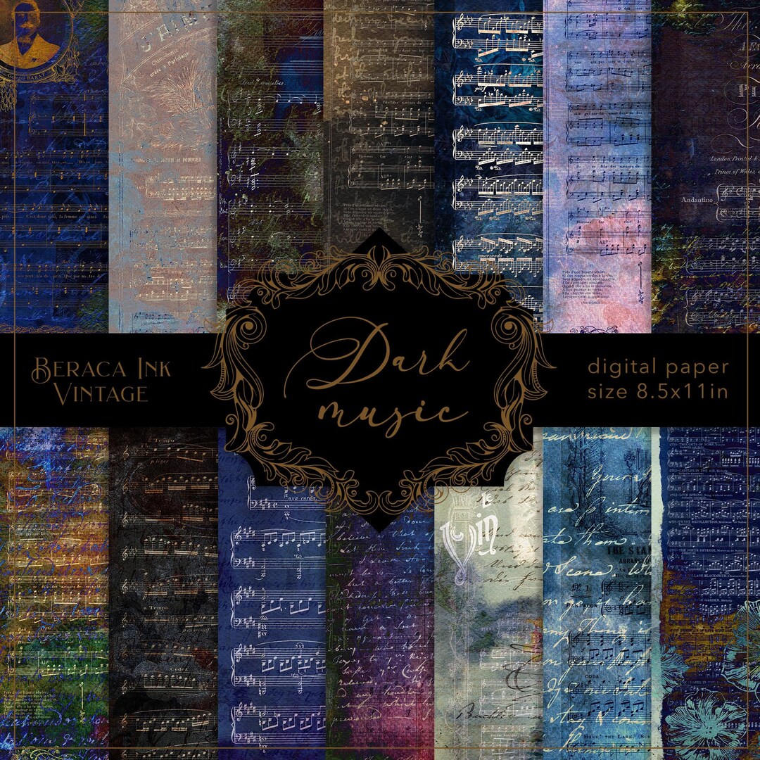 Dark Music Digital Paper, LETTER SIZE Scrapbook, Vintage Music Sheet ...