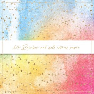 Rainbow Gold Stars Watercolor Digital Paper, Gold Stars Pattern, Cosmic ...