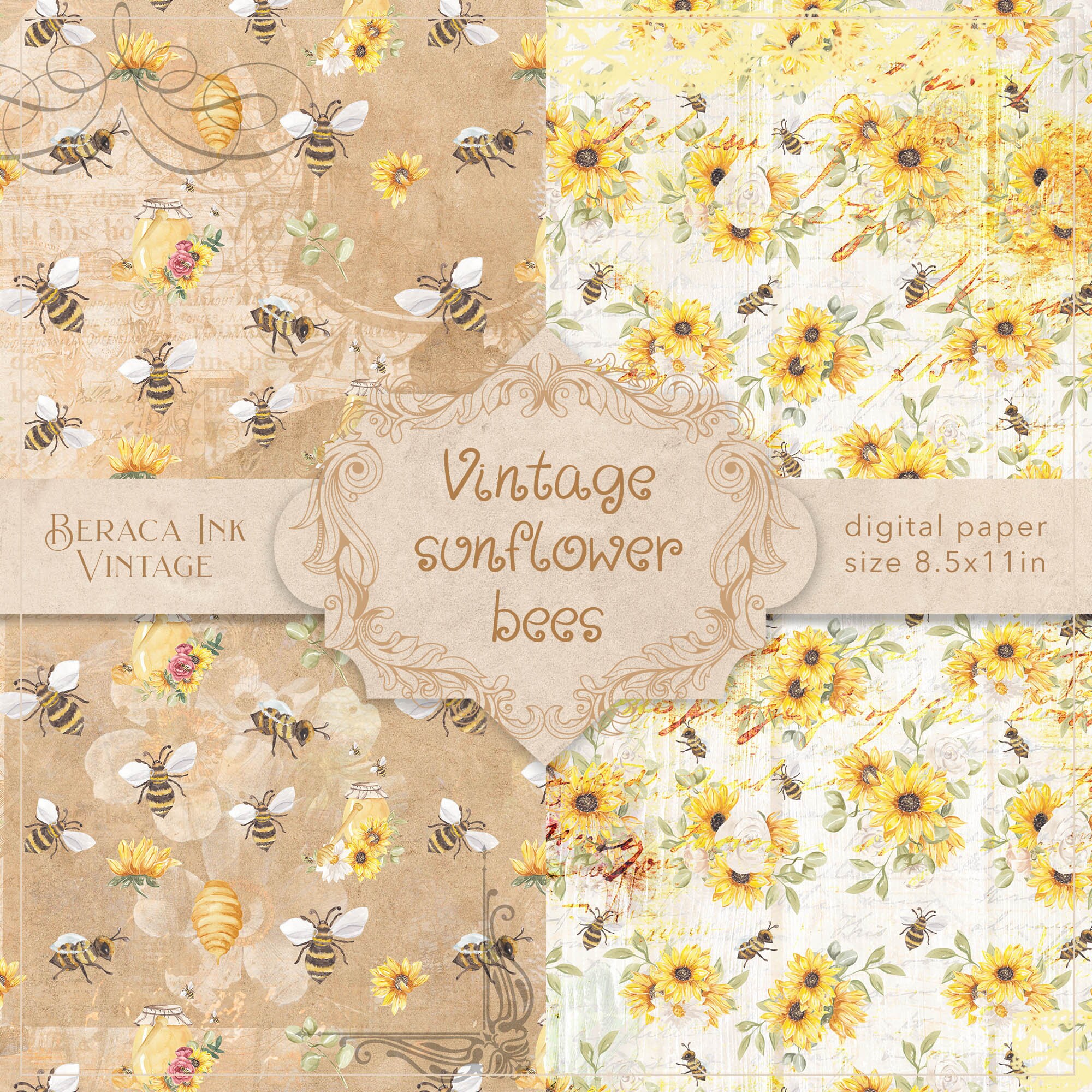 Vintage Sunflower Bees Digital Paper LETTER Size Honey Bee - Etsy