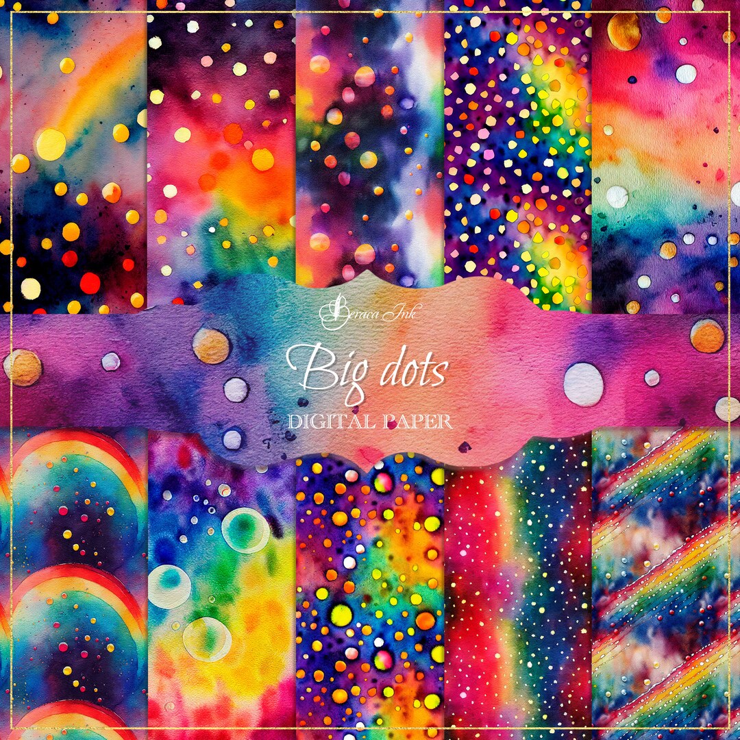 Big Dots Digital Paper, Seamless Pattern, Watercolour Rainbow Polka ...