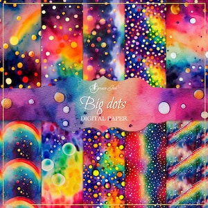 Big Dots Digital Paper, Seamless Pattern, Watercolour Rainbow Polka ...