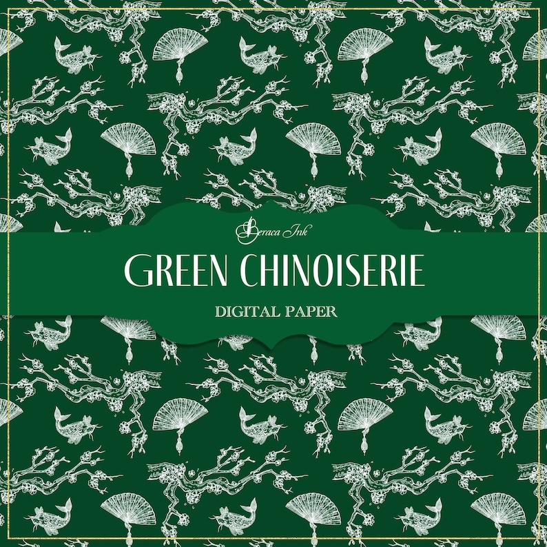 Green Chinoiserie Digital Paper, Seamless Pattern, Toile Wallpaper ...