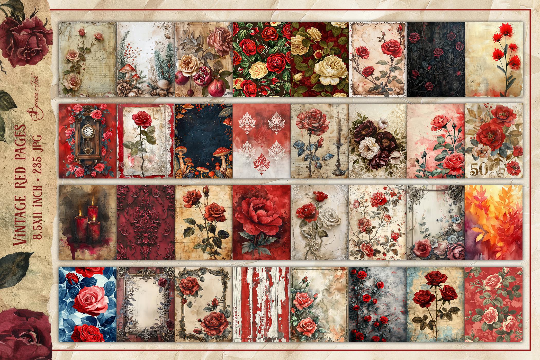 Vintage Red Junk Journal Pages Bundle, Flower Digital Paper, Red Roses ...