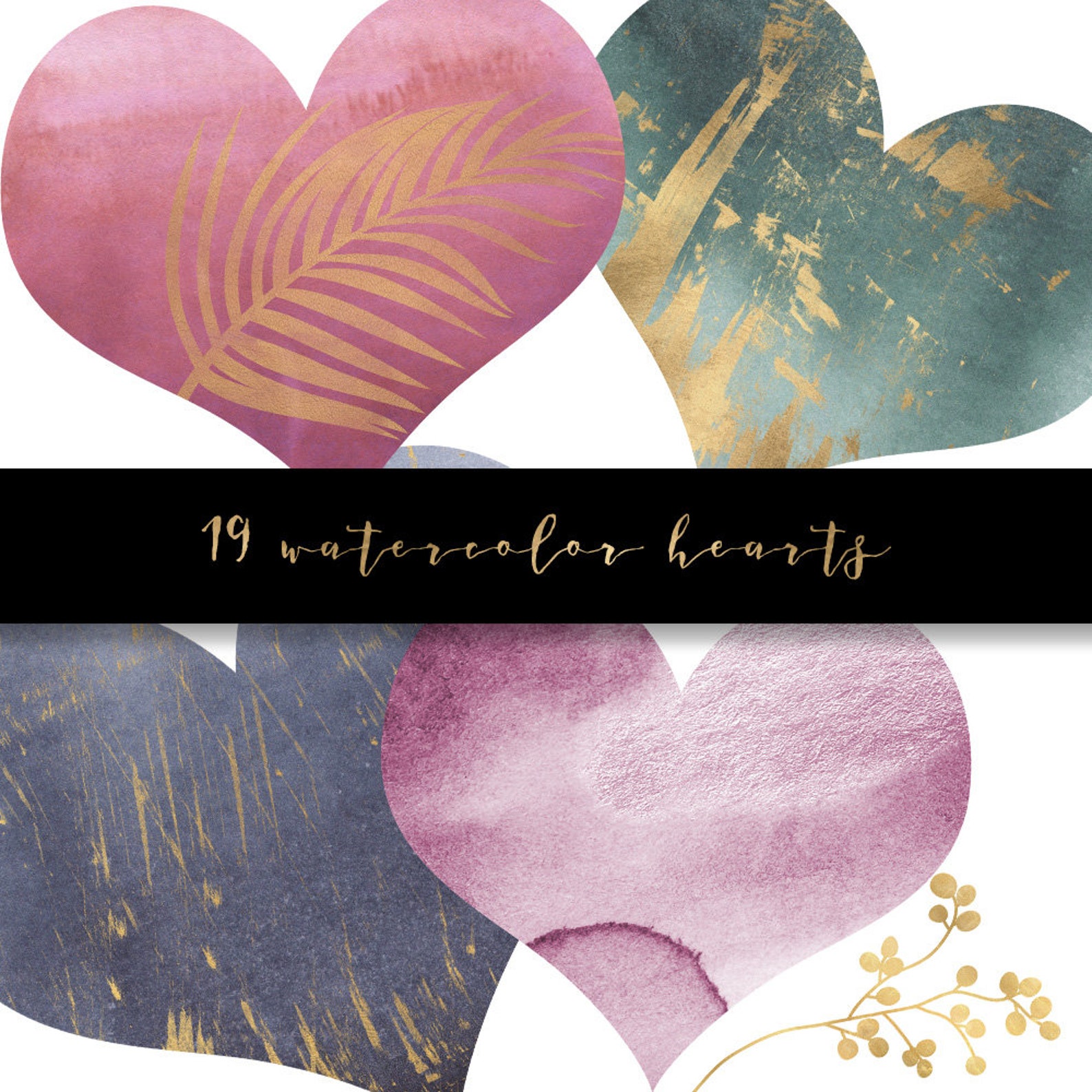 Elegant Watercolor Hearts Clipart Gold Heart Clipart - Etsy