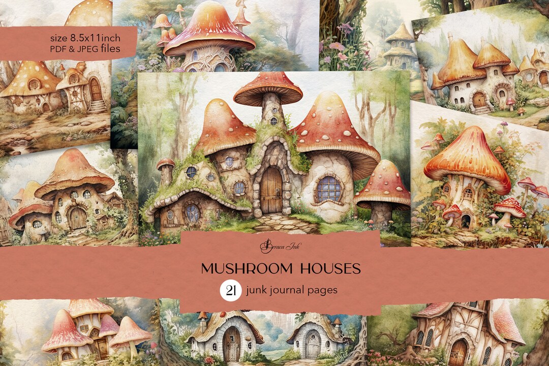 Mushroom Houses Journal Pages, Printable Fantasy Paper, Vintage ...