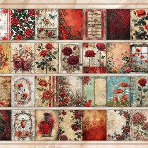Vintage Red Junk Journal Pages Bundle, Flower Digital Paper, Red Roses ...