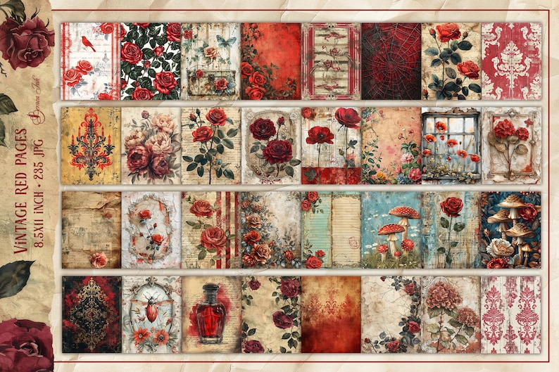 Vintage Red Junk Journal Pages Bundle, Flower Digital Paper, Red Roses ...