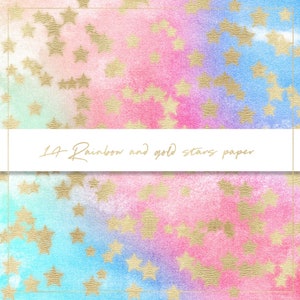 Rainbow Gold Stars Watercolor Digital Paper, Gold Stars Pattern, Cosmic ...