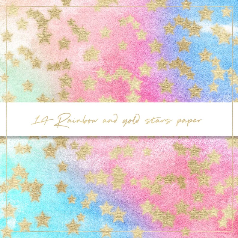 Rainbow Gold Stars Watercolor Digital Paper Gold Stars - Etsy