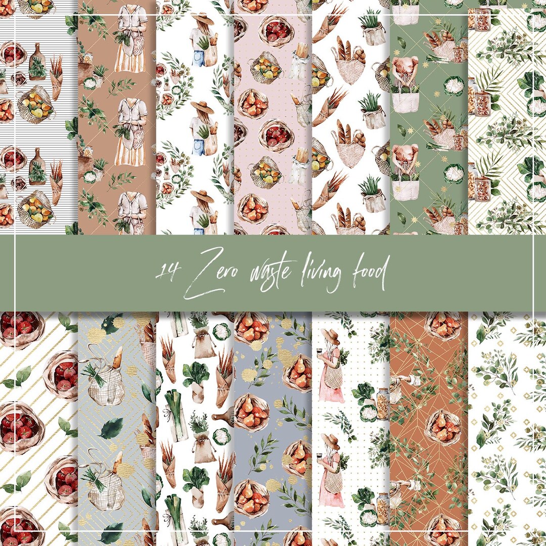 Zero Waste Food Digital Paper, Organic Living Background, Watercolor ...