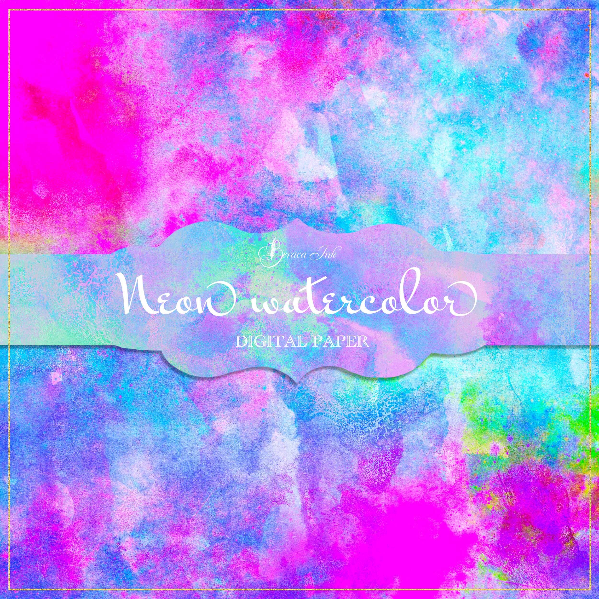 Neon Watercolor Digital Paper, Neon Gradient, Rainbow Watercolour, Neon ...