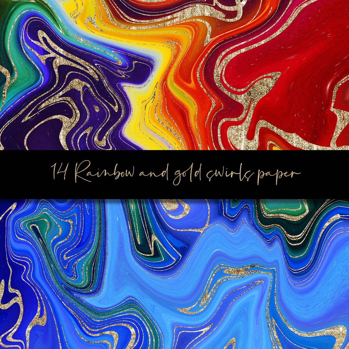 Rainbow Gold Swirls Digital Paper, Colored Background, Liquid Marble ...