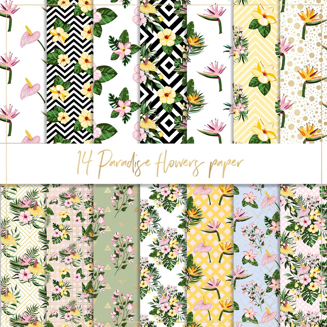 Paradise Flowers Digital Paper, Floral Seamless Pattern, Tropical ...