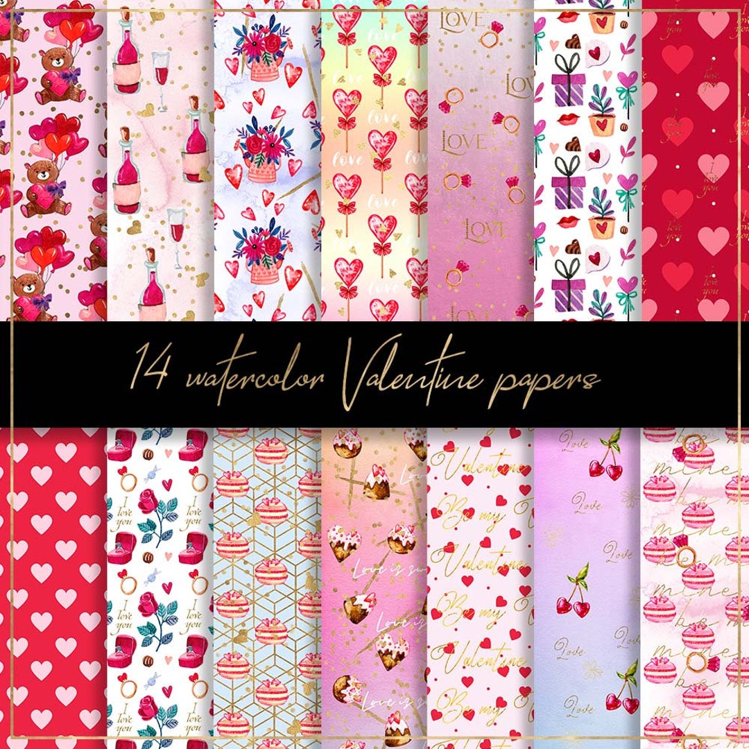 Valentines Day Watercolor Digital Paper, Valentine Card, Gold Hearts ...