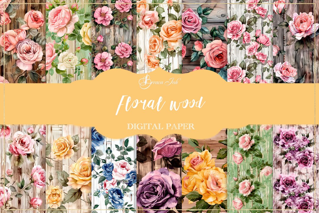 Floral Wood Digital Paper Shabby Chic Scrapbooking Paper Vintage Wood ...