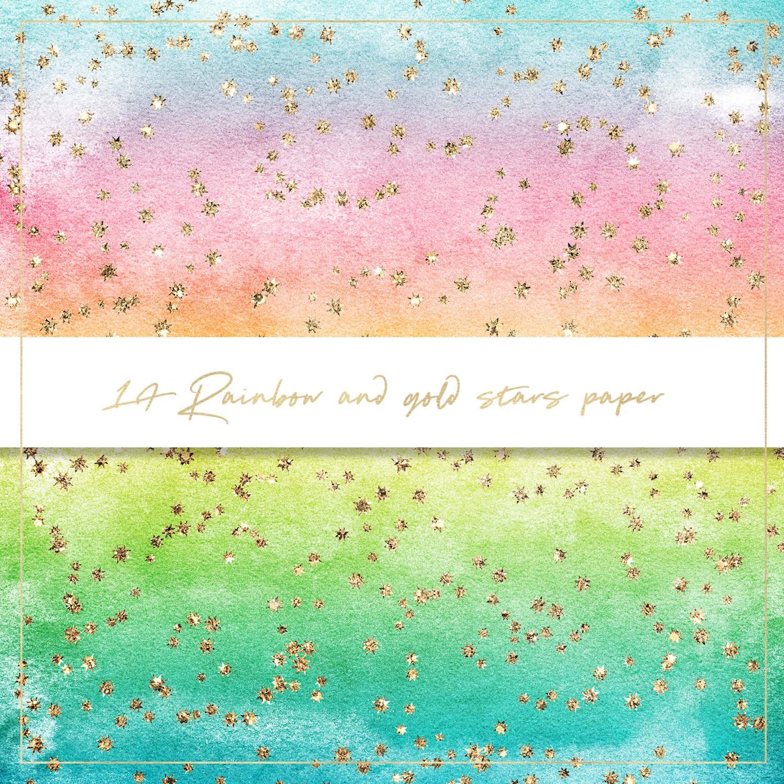 Rainbow Gold Stars Watercolor Digital Paper Gold Stars - Etsy