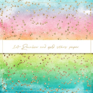Rainbow Gold Stars Watercolor Digital Paper, Gold Stars Pattern, Cosmic ...