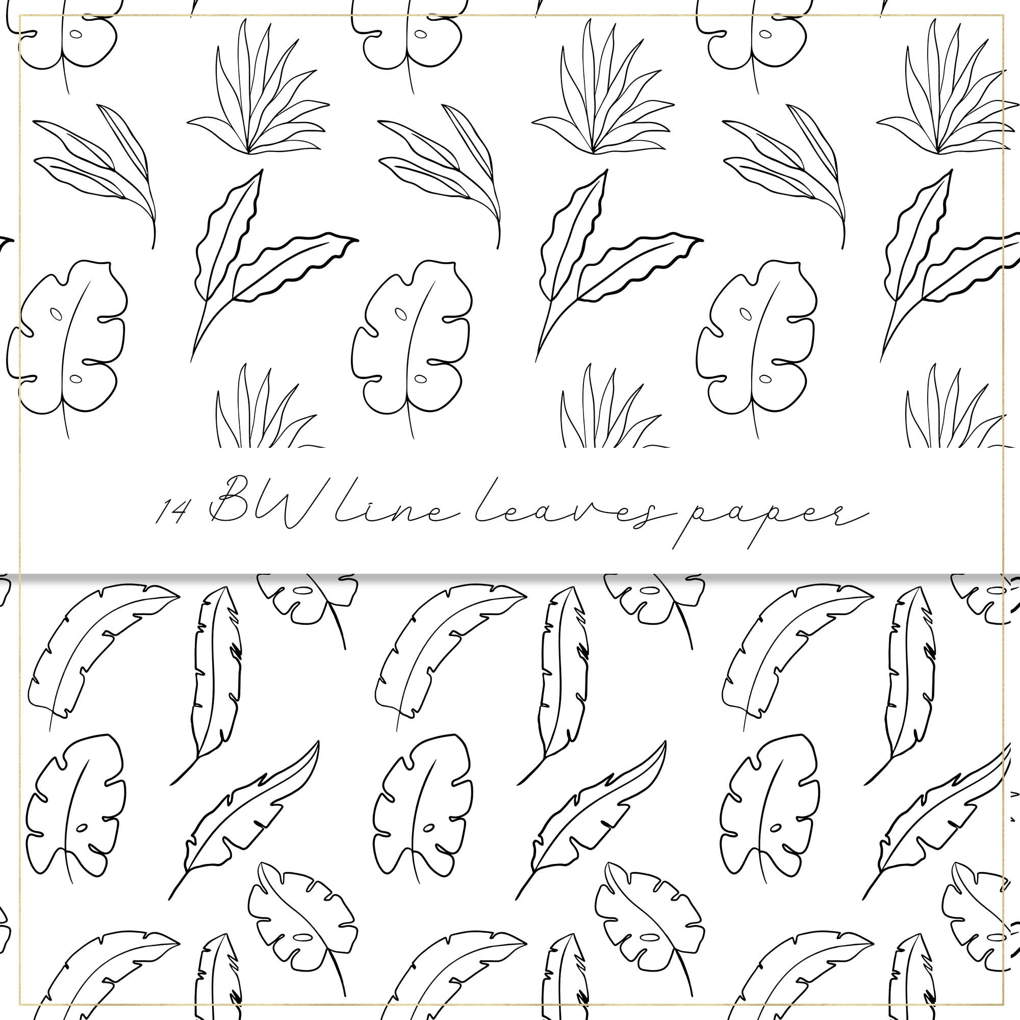 Black and White Leaves Digital Paper, Leaf Seamless Pattern, Line Art ...