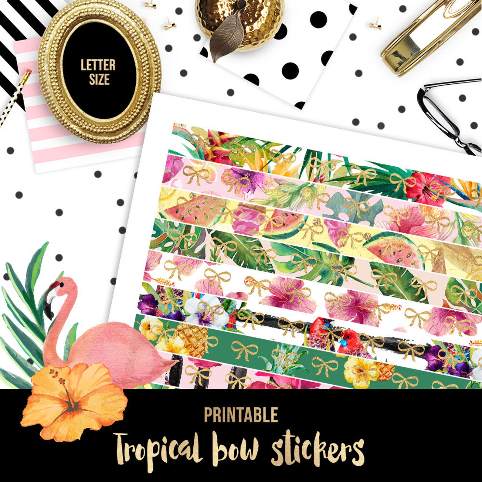 Printable Tropical Planner Stickers, Gold Tropical Stickers, Tropical ...