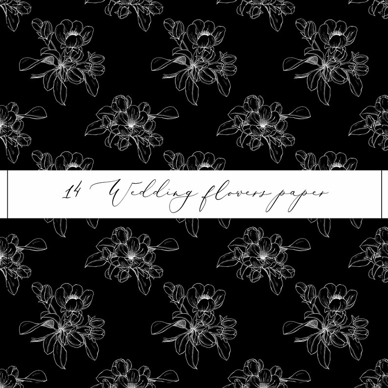 Wedding Flowers Digital Paper, Seamless Pattern, Floral Line Art, Black ...