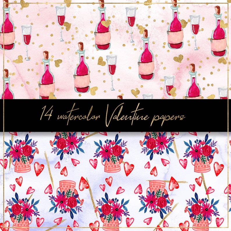 Valentines Day Watercolor Digital Paper Valentine Card Gold - Etsy