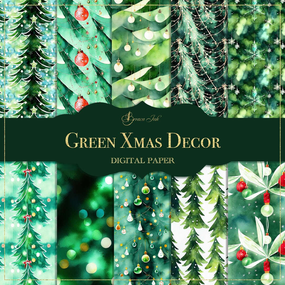 Green Xmas Decor Digital Paper, Seamless Pattern, Christmas Tree ...