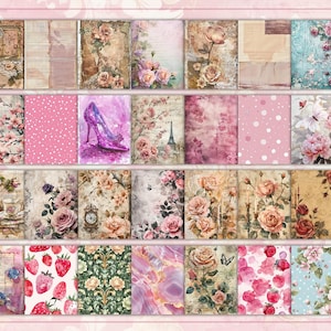 Vintage Pink Junk Journal Pages Bundle, Floral Digital Paper, Flower ...