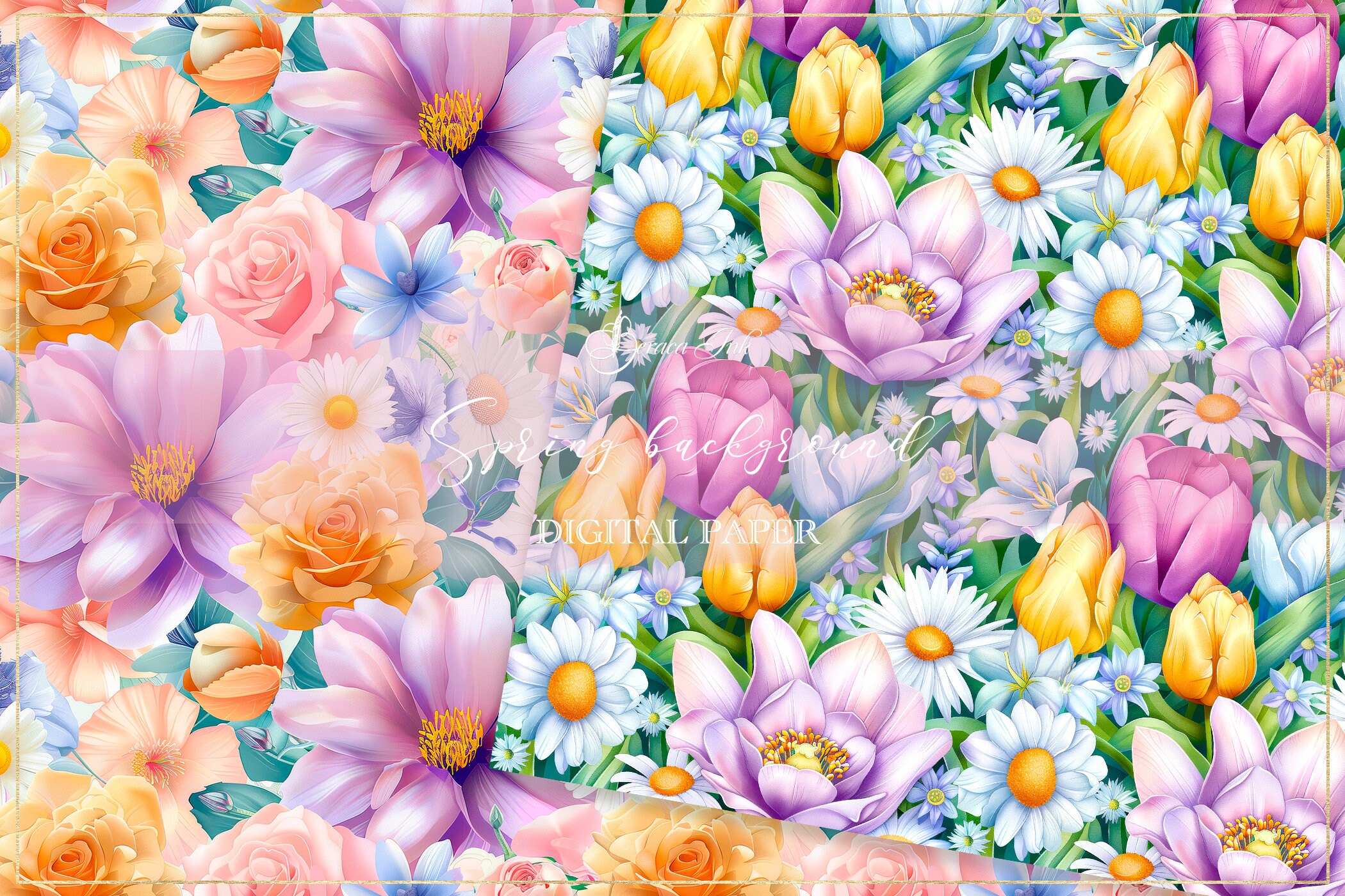 Spring Background Digital Paper, Floral Seamless Pattern, Bright ...