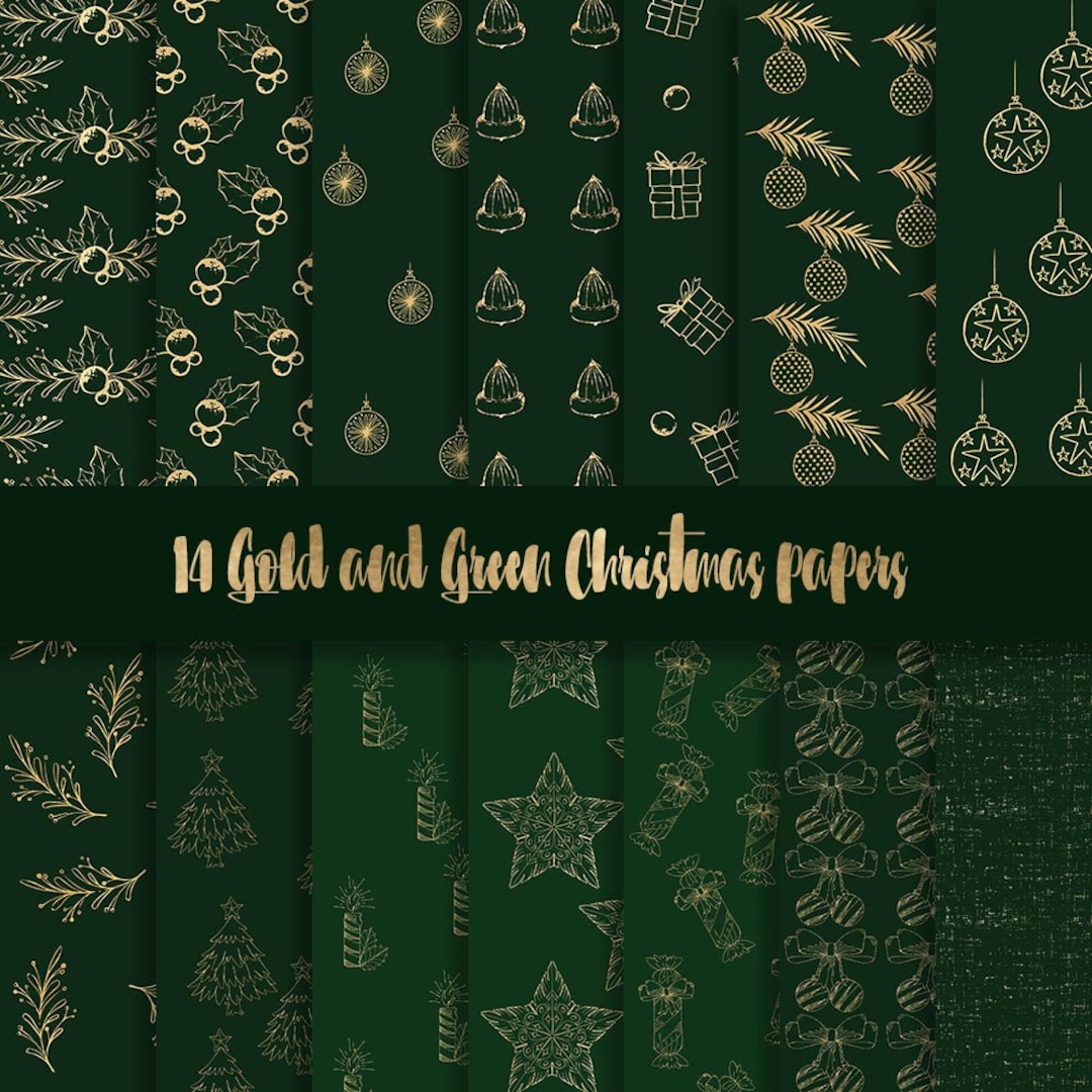 Gold and Green Christmas Digital Paper, Christmas Background, Gold and ...