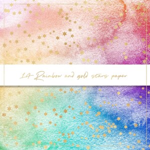 Rainbow Gold Stars Watercolor Digital Paper, Gold Stars Pattern, Cosmic ...