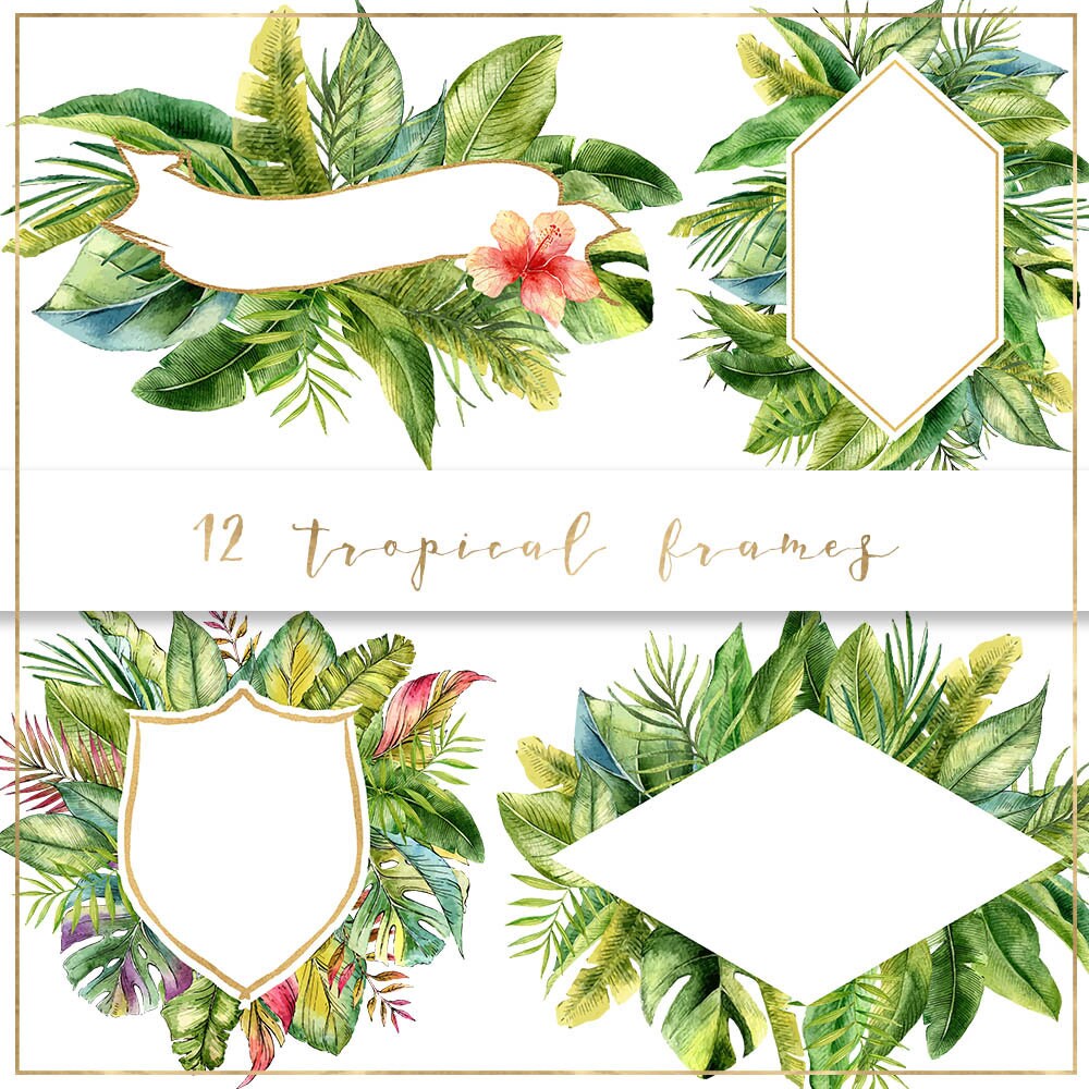Tropical frames clipart tropical leaves frames gold frame | Etsy
