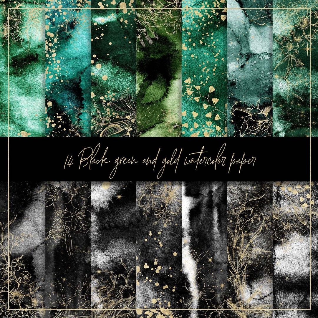 Black and Green Watercolor Digital Paper, Gold Botanicals Pattern ...