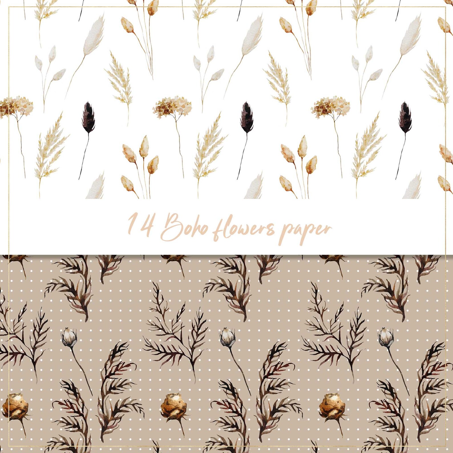 Boho Flowers Digital Paper, Floral Seamless Pattern, Pampas Grass, Dead ...