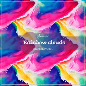Rainbow Clouds Digital Paper, Seamless Pattern, Watercolor Rainbow ...