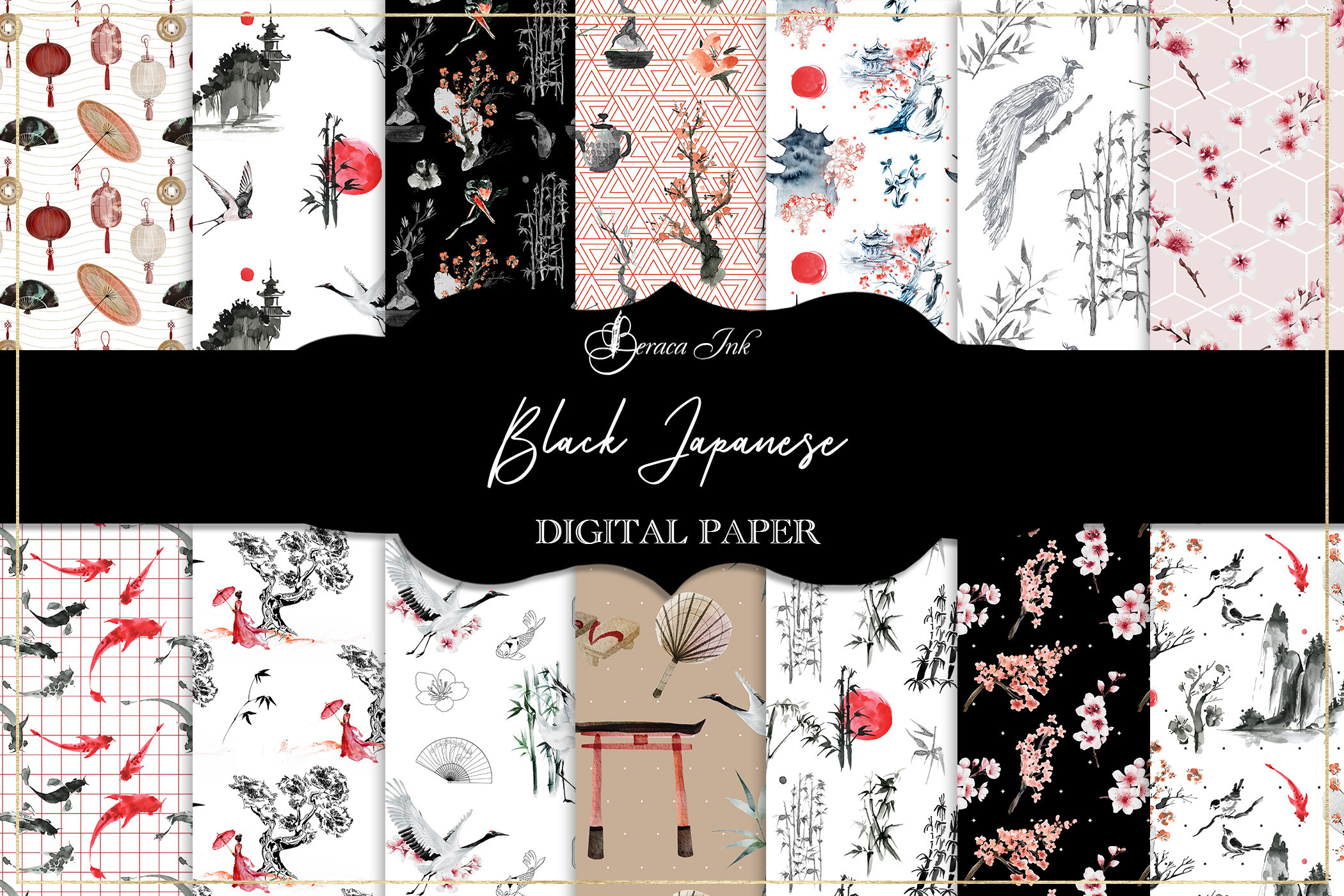 Chinoiserie Paper BUNDLE, Asian Digital Paper, Blue Chinoiserie, Red ...