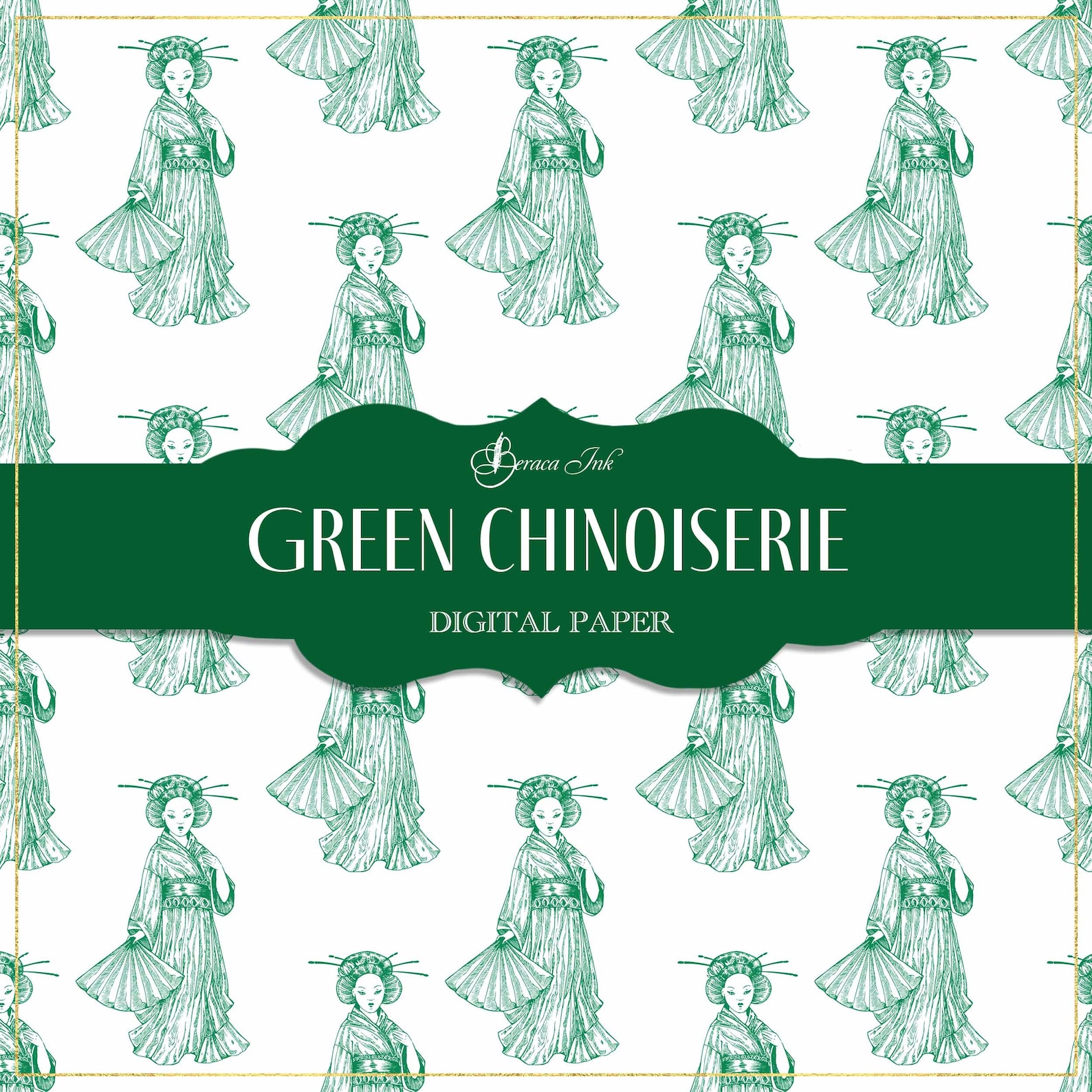 Green Chinoiserie Digital Paper, Seamless Pattern, Toile Wallpaper ...