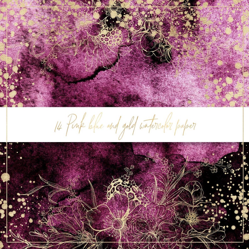 Pink and Blue Watercolor Digital Paper, Gold Botanicals Background ...