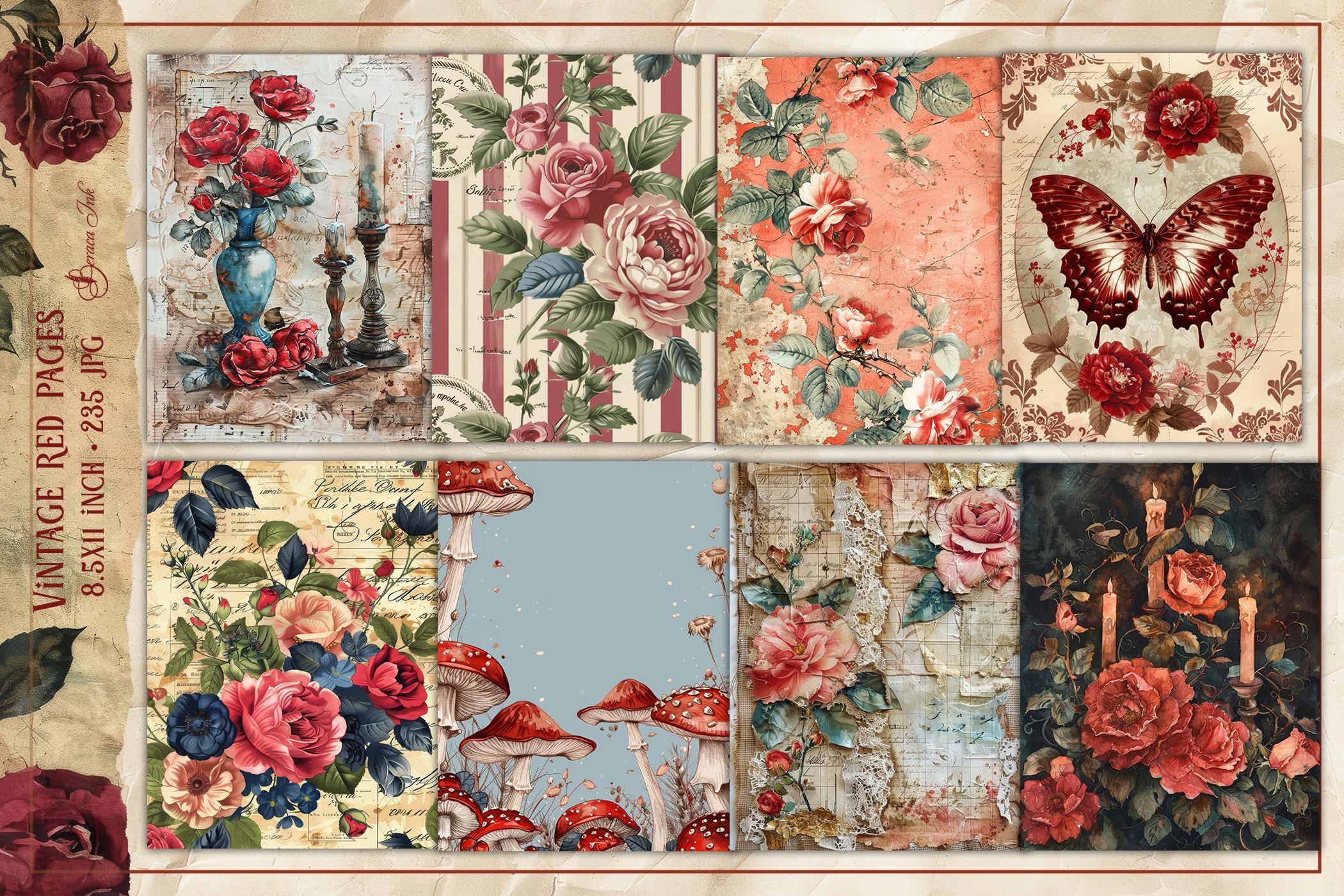 Vintage Red Junk Journal Pages Bundle, Flower Digital Paper, Red Roses ...